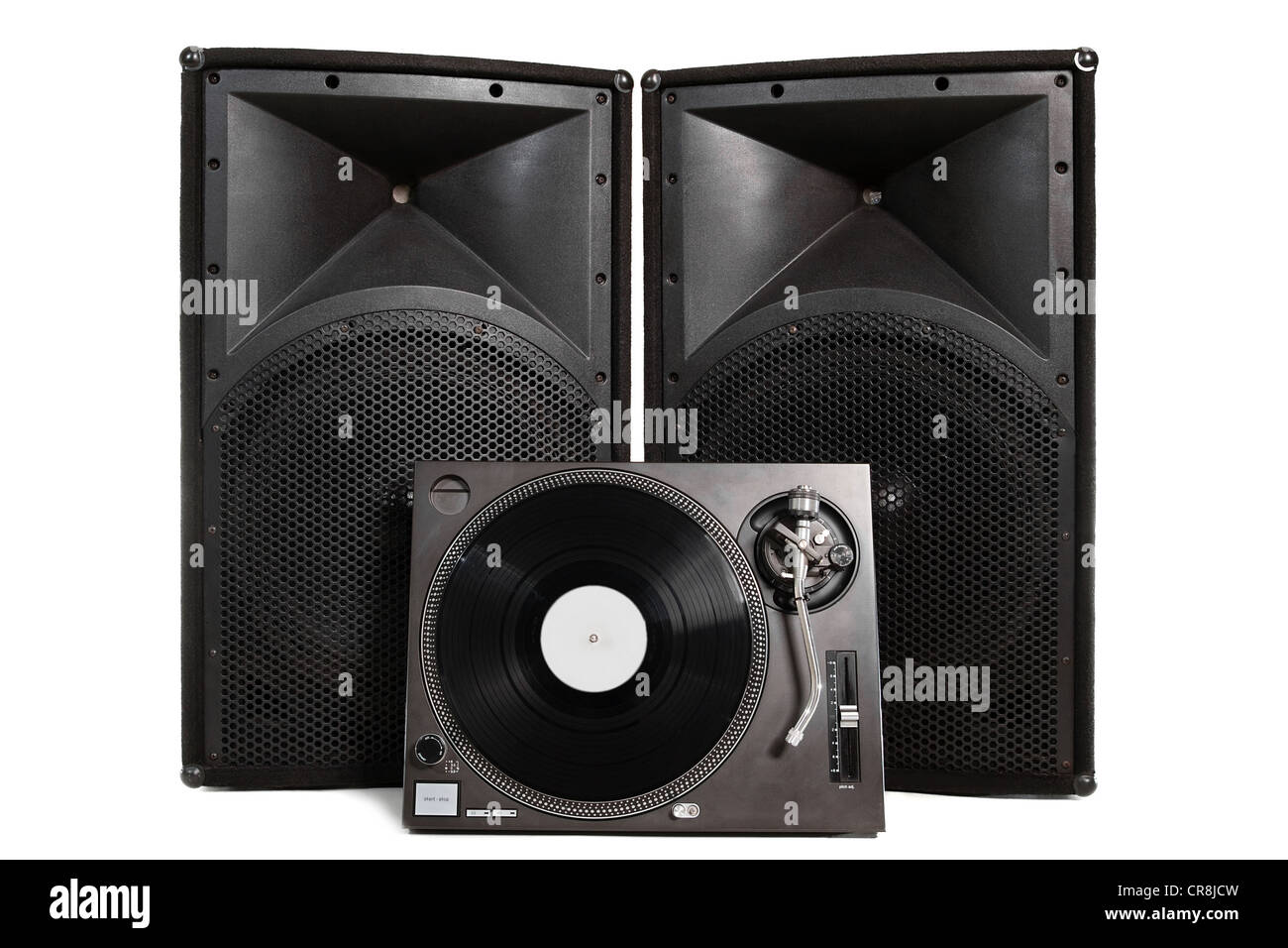 Professional vinyl record player with two large speakers on white ...