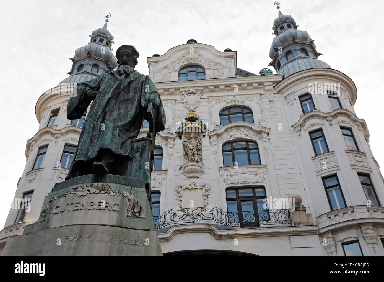 Statue of Gutenberg in front of Gruenderzeit building, Lugeck, Vienna ...