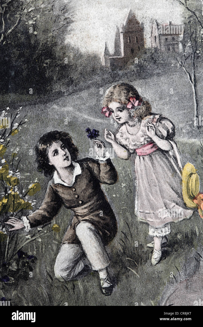 Little boy picking violets for a little girl, historical postcard ...