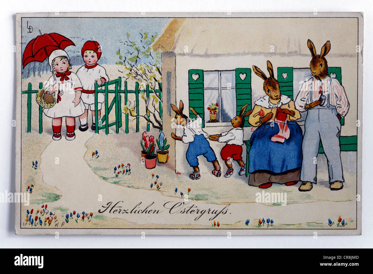 Easter greetings, children visiting an Easter bunny family, historical ...