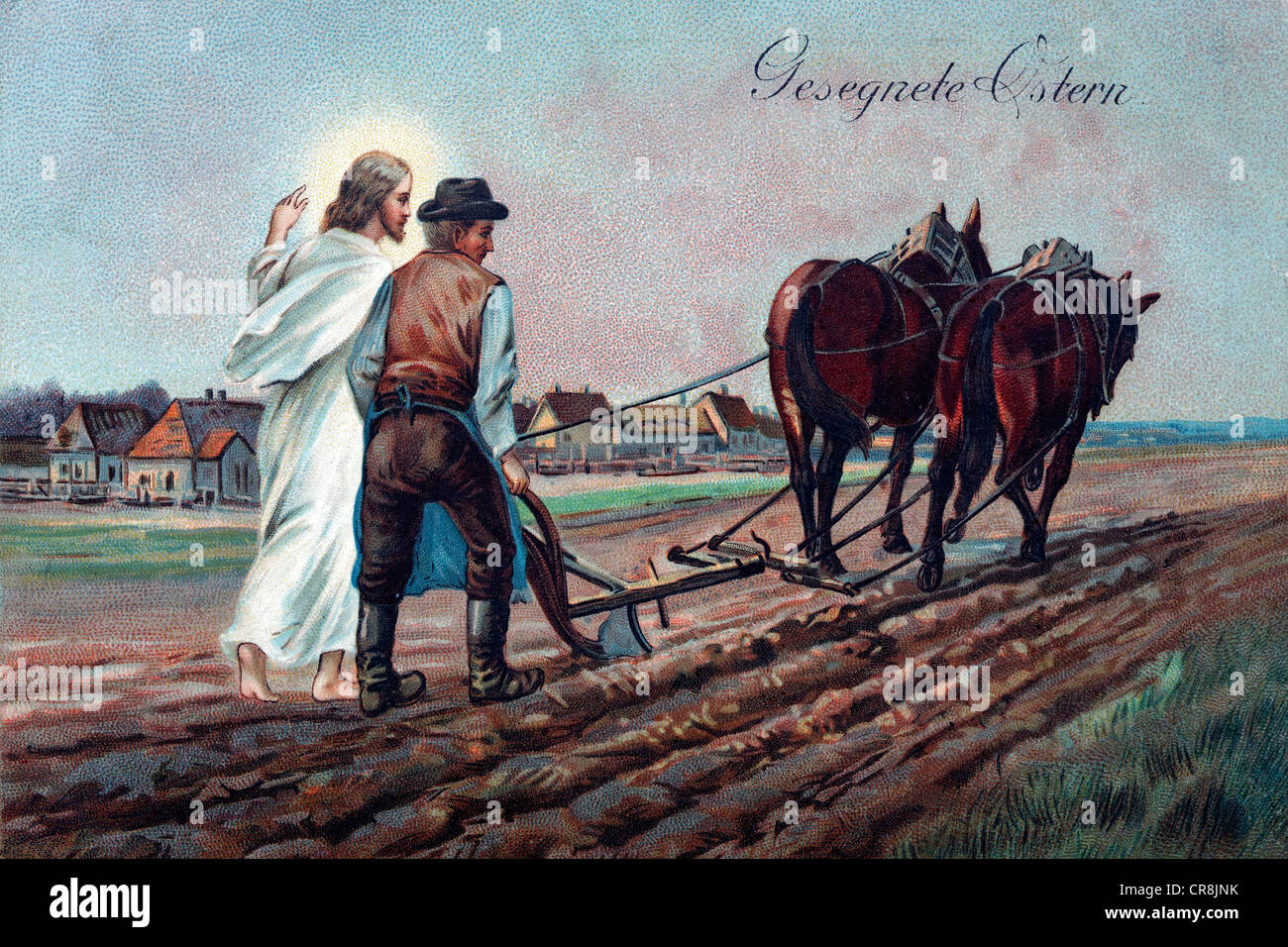 Blessed or Happy Easter, Jesus walking next to a farmer who is plowing ...