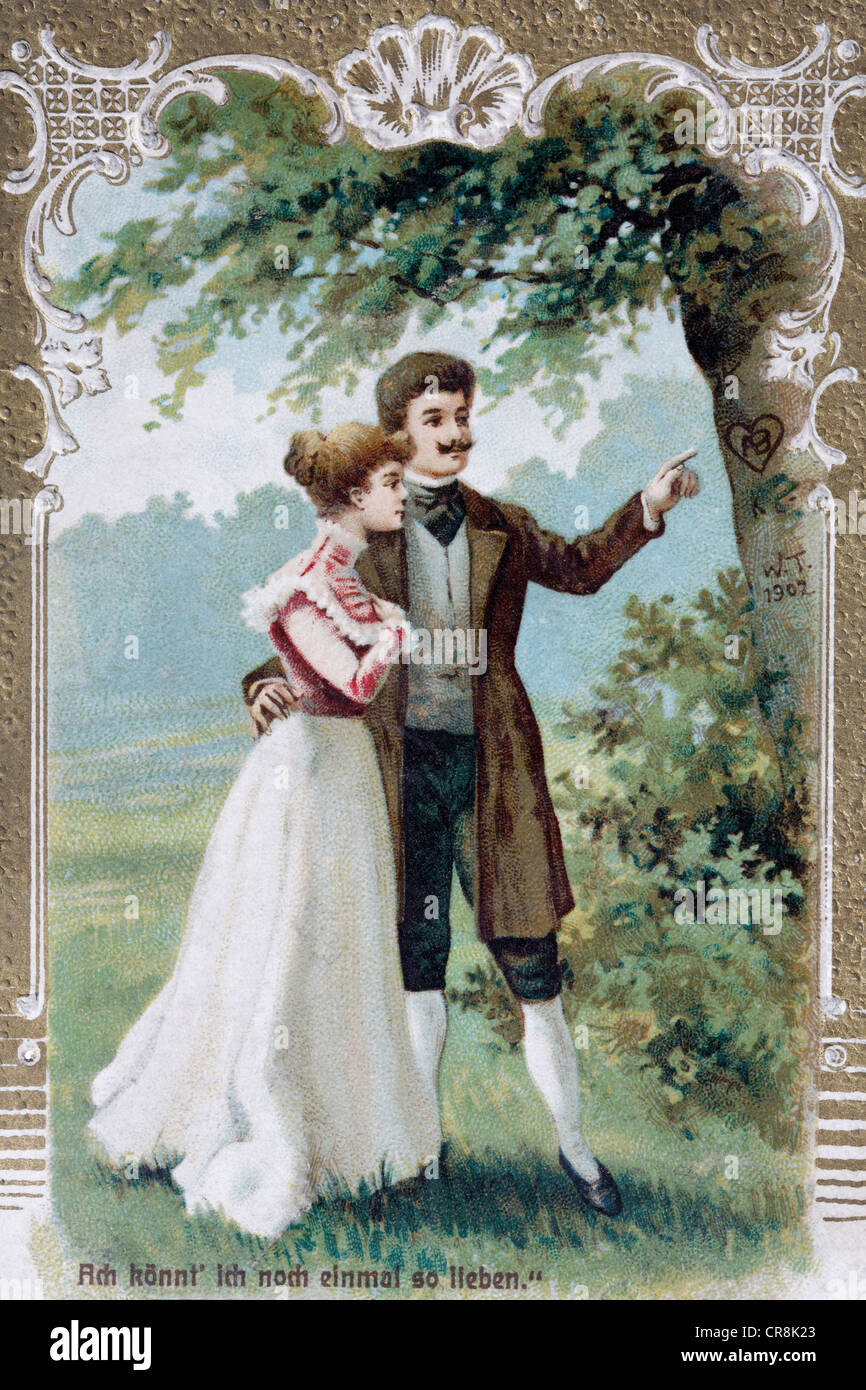 Couple on a romantic walk in the park, historic postcard, around 1900 ...