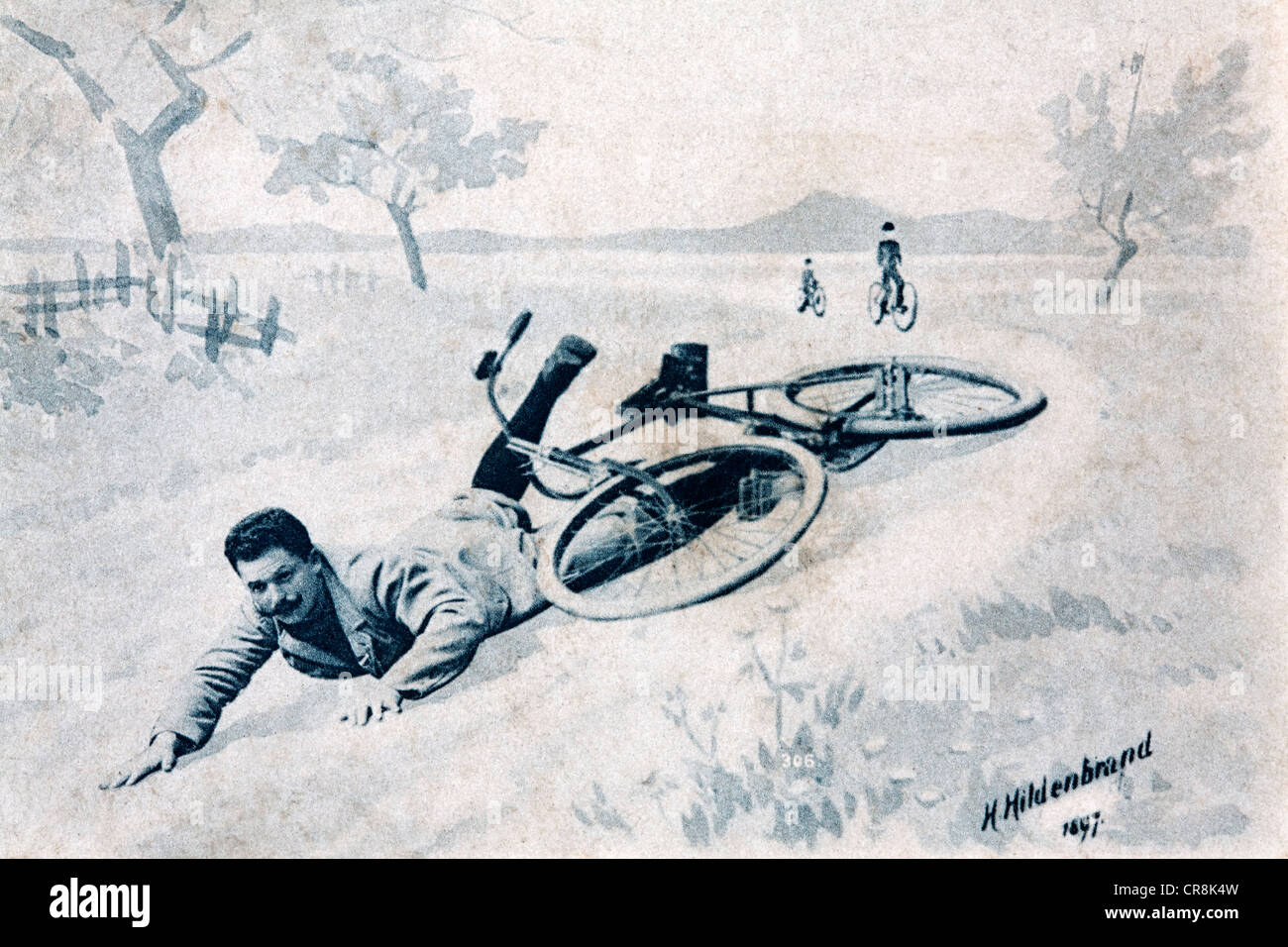 Man fallen off bike, historic postcard, around 1900 Stock Photo - Alamy