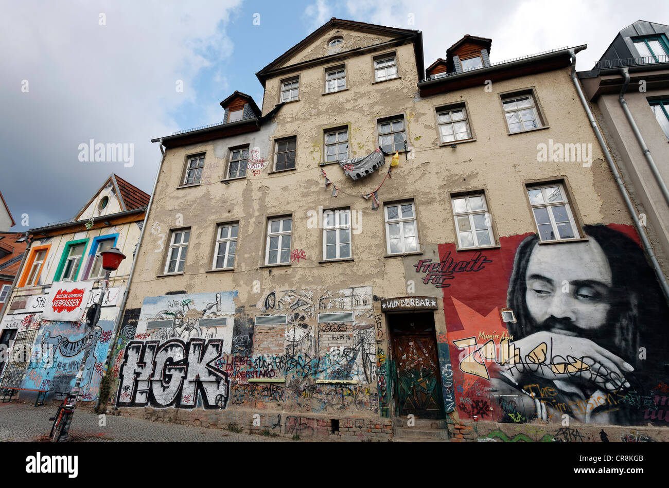 Condemned buildings in the historic district, painted with graffiti ...