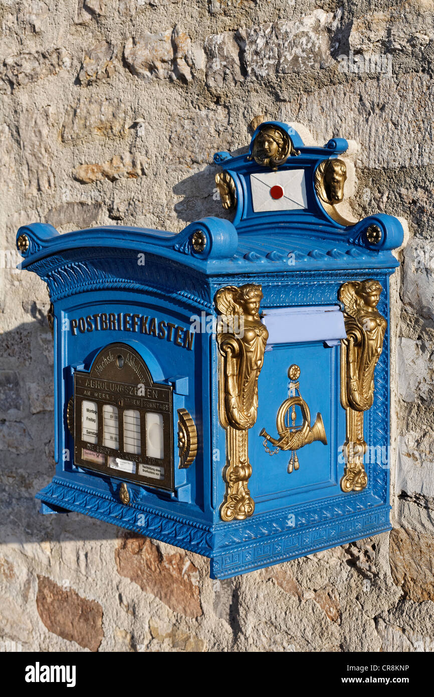 Historic blue mailbox, a replica of 1896, Germany, Europe Stock Photo ...