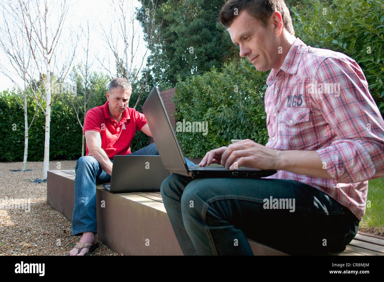 Two men using laptop in garden Stock Photo - Alamy