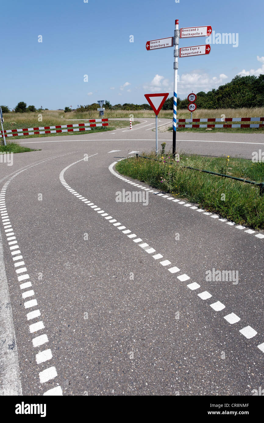 Bicycle crossing with sign, Walcheren, Zeeland, Netherlands, Europe ...