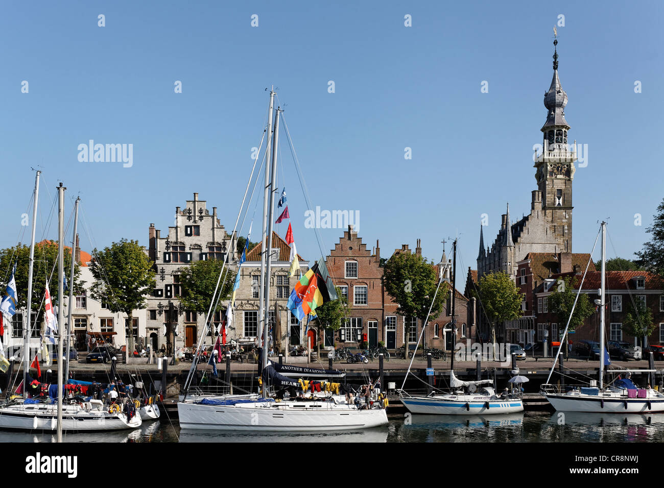 Marina and tower of the town hall, historic town of Veere, Walcheren ...