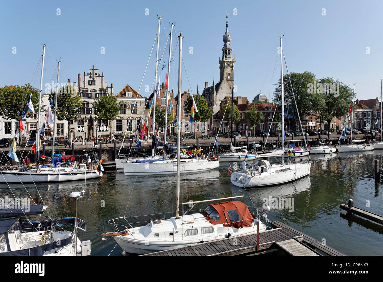 Marina and tower of the town hall, historic town of Veere, Walcheren ...