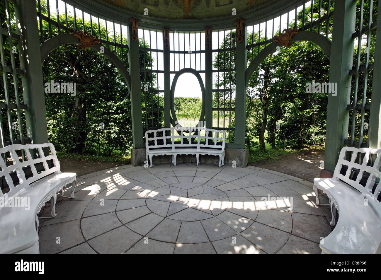Historic pavilion with benches and an oval-shaped window, Rococo ...