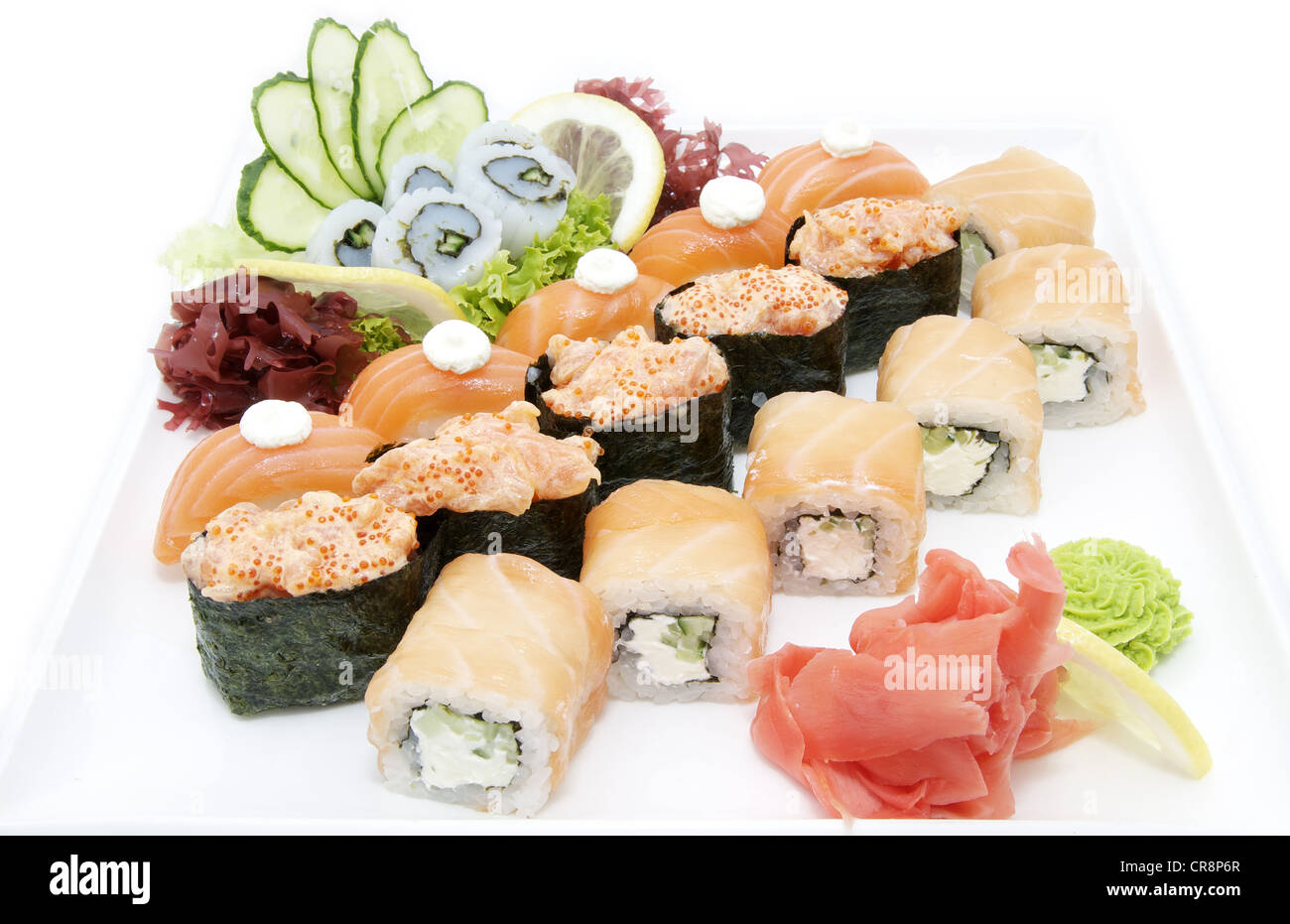 Japanese sushi fish and seafood on white background Stock Photo - Alamy