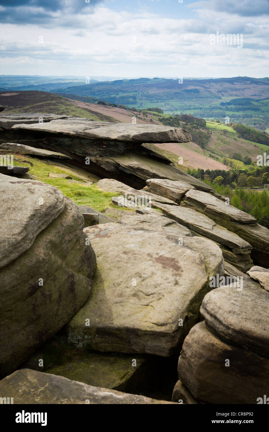 Rock overhang at Stanage Edge in the Peak District. The longest ...