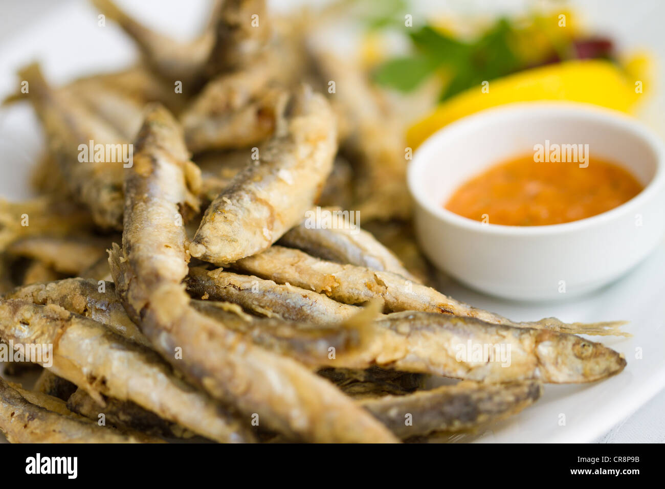 Fried fresh sprat fish with souce. Good seafood Stock Photo - Alamy