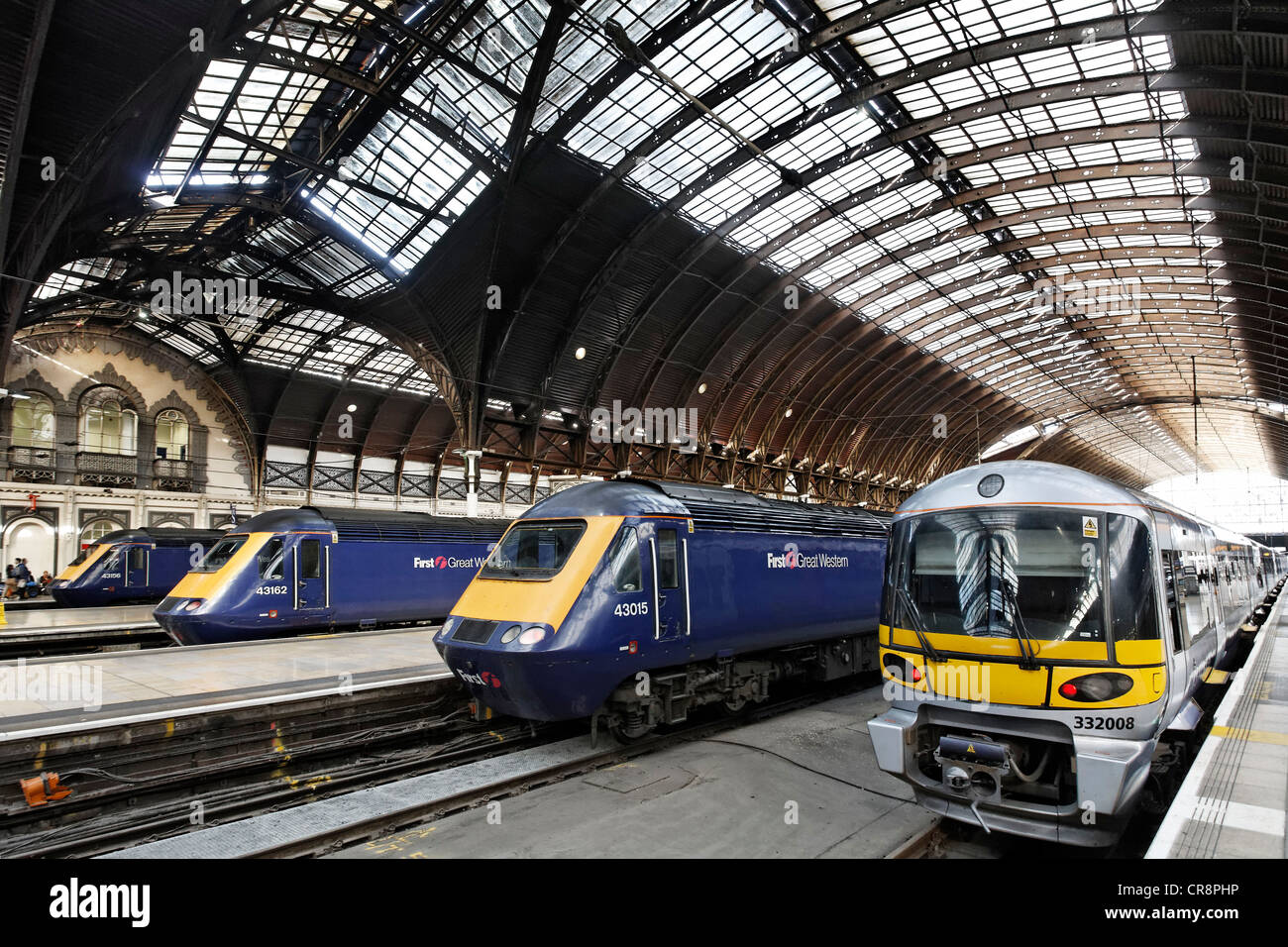 Historic main hall with trains, Heathrow Express, railway terminus ...
