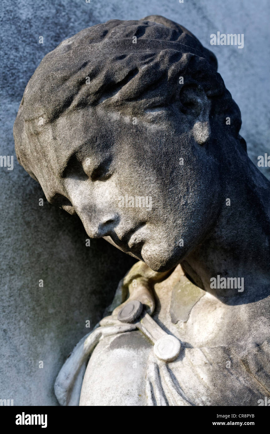 Head of a grieving woman, historic grave sculpture, Nordfriedhof ...