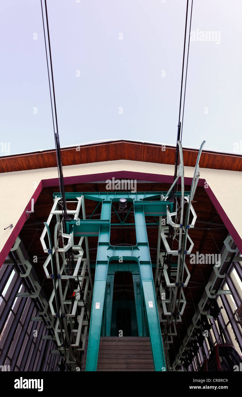 Cable car valley station, view from outside on the steel beam ...