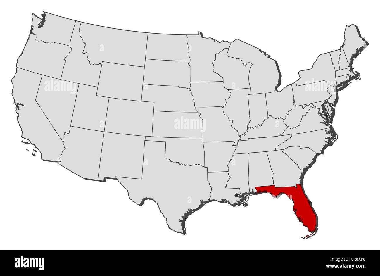 Political map of United States with the several states where Florida is ...