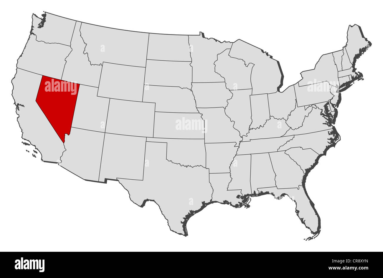 Political map of United States with the several states where Nevada is ...