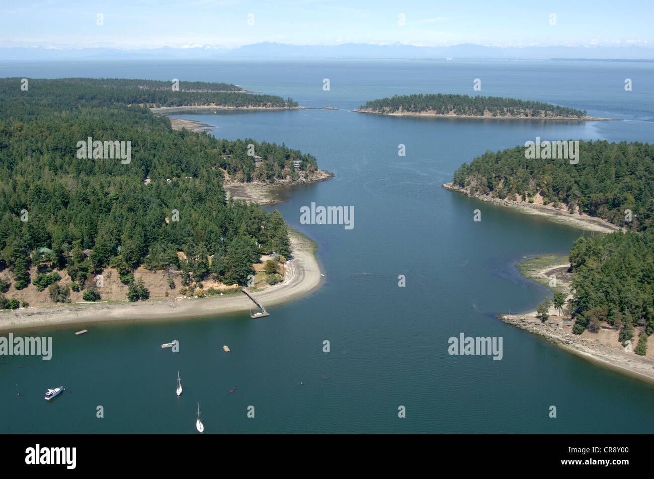 Aerial view of Horton Bay, Mayne Island, Gulf Islands, British Columbia ...
