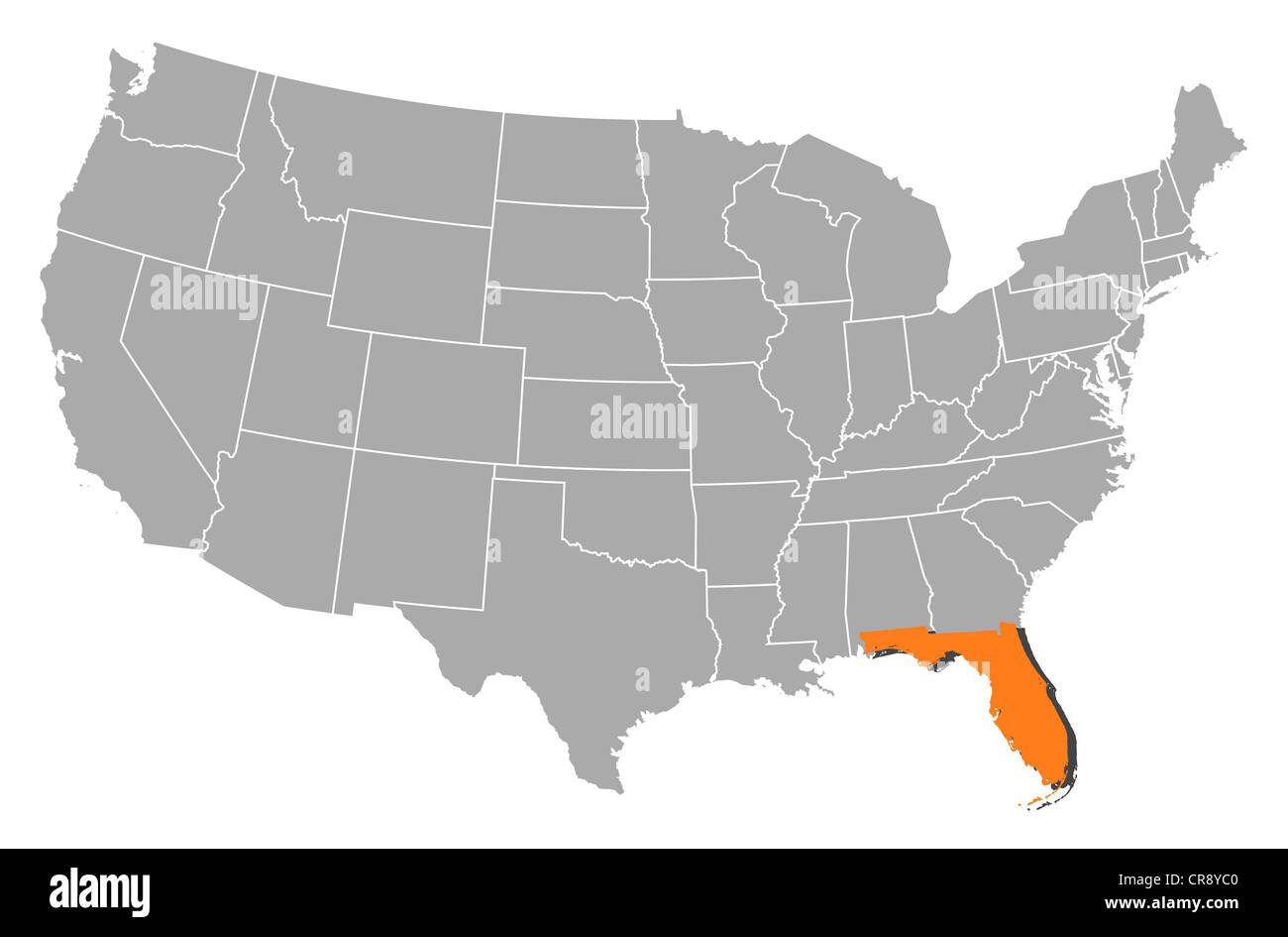Political map of United States with the several states where Florida is ...