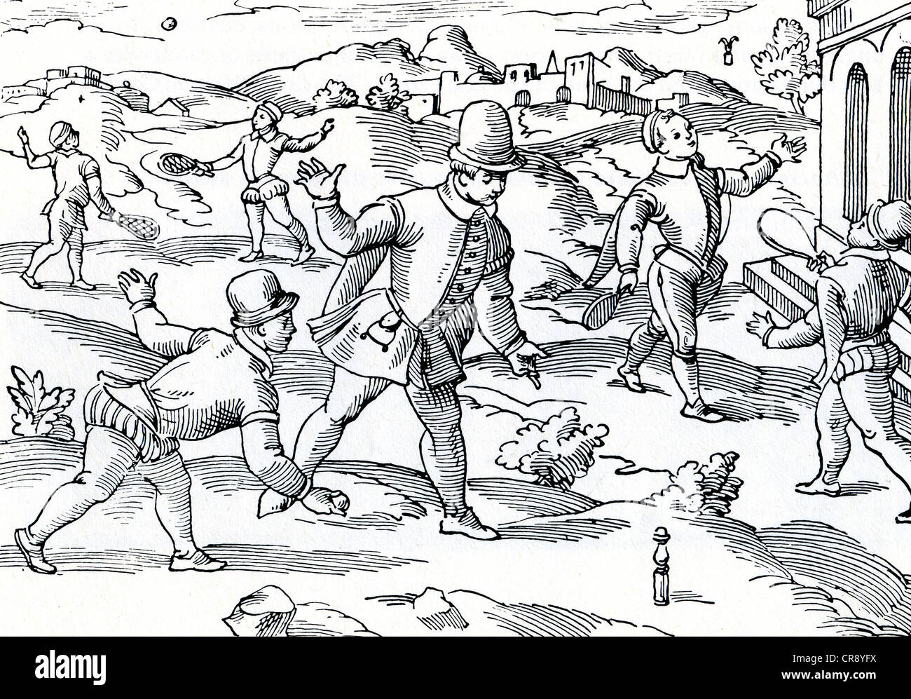 ELIZABETHAN BALL GAMES - forms of tennis, shuttlecock and skittles ...