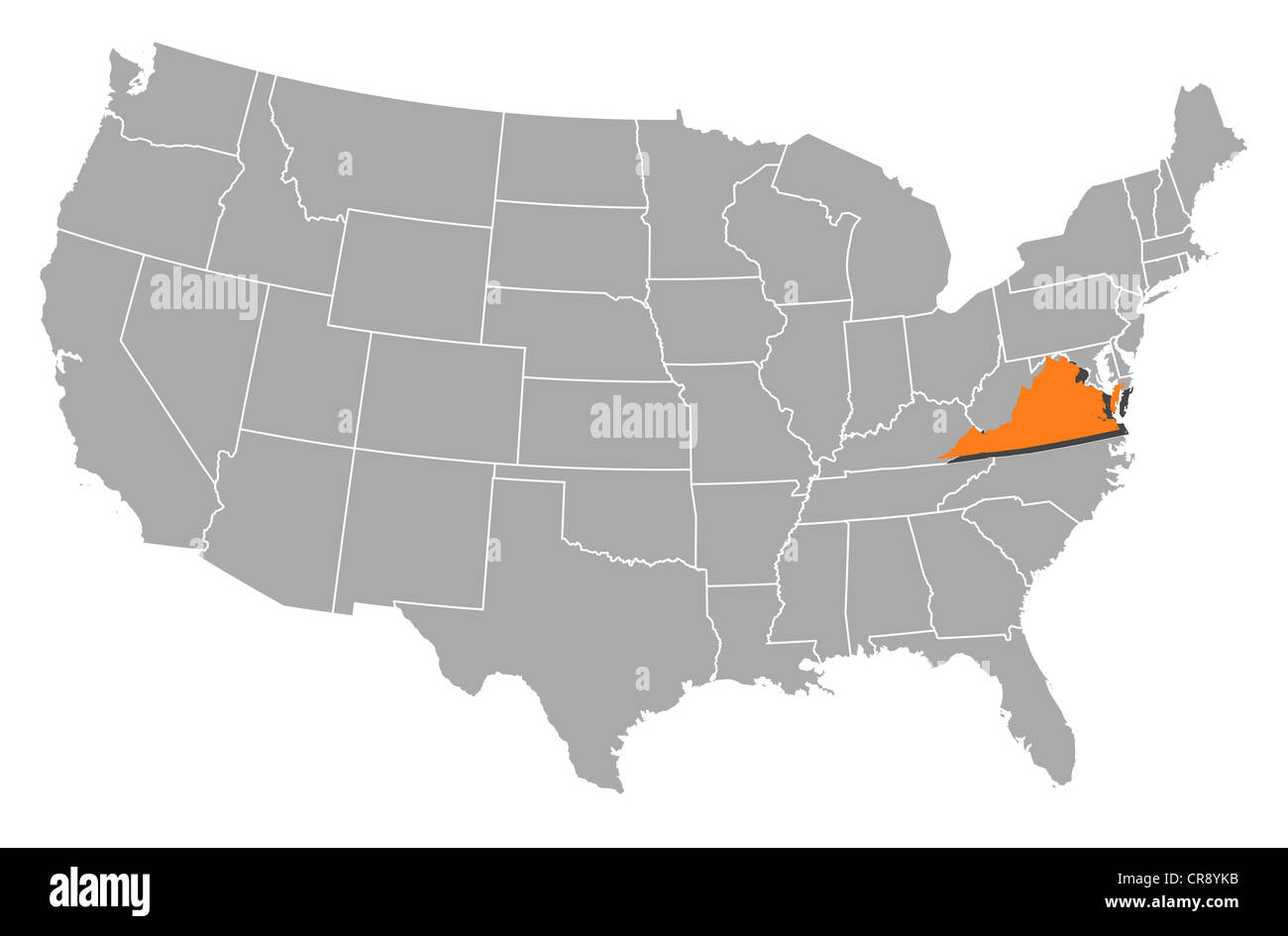 Political map of United States with the several states where Virginia ...