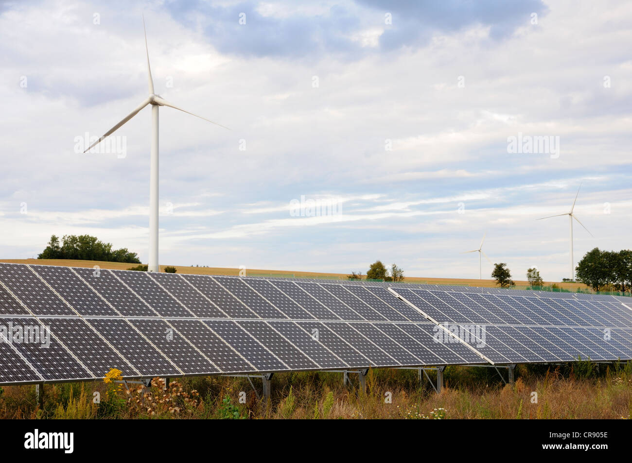 Solar energy plant and wind turbine, Saxony, Germany, Europe Stock ...