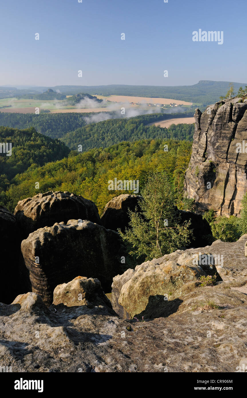 View of the Elbe valley with table mountains Kaiserkrone and ...