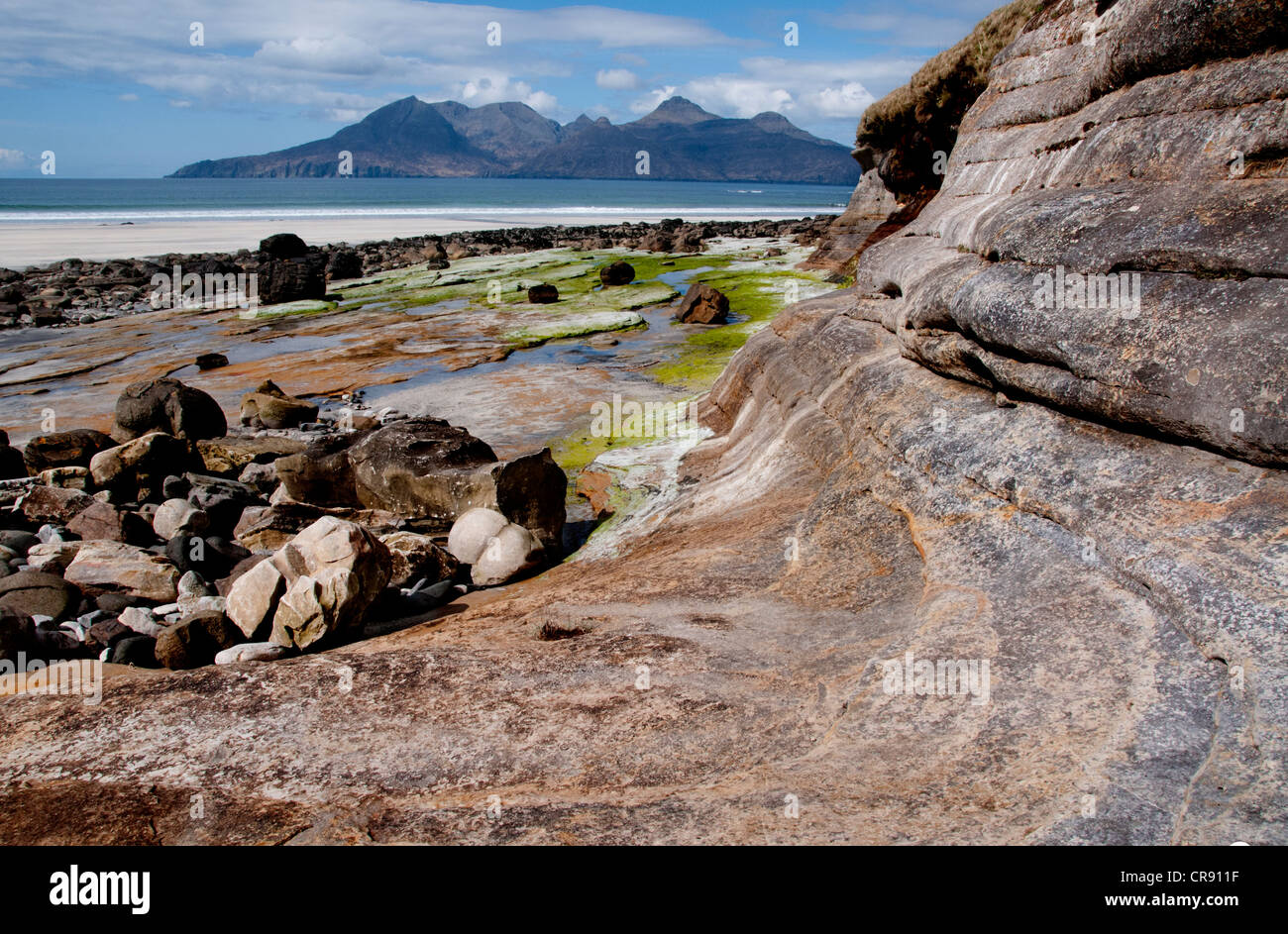 a landscape of bay of laig isle of eigg with isle of rum in the back ...