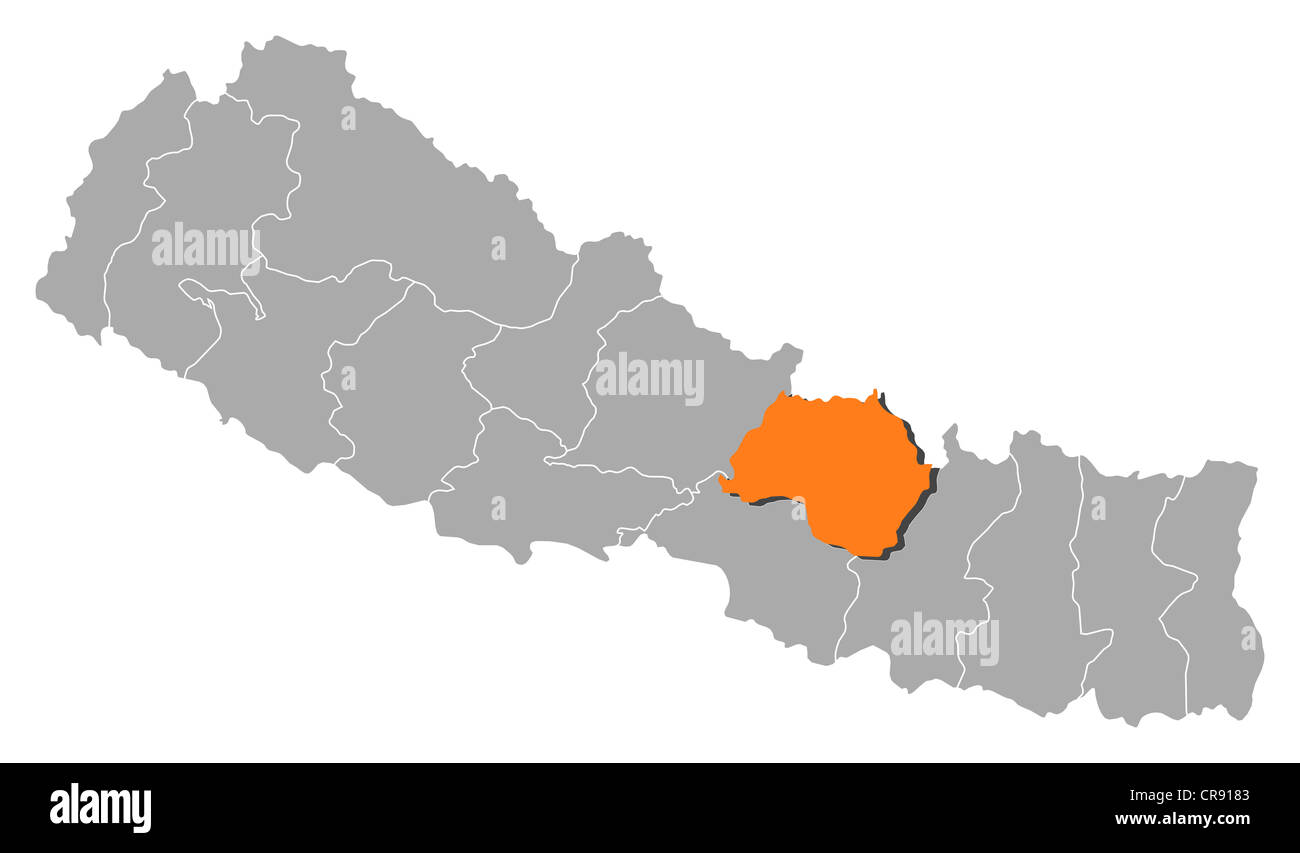 Political map of Nepal with the several zones where Bagmati is ...