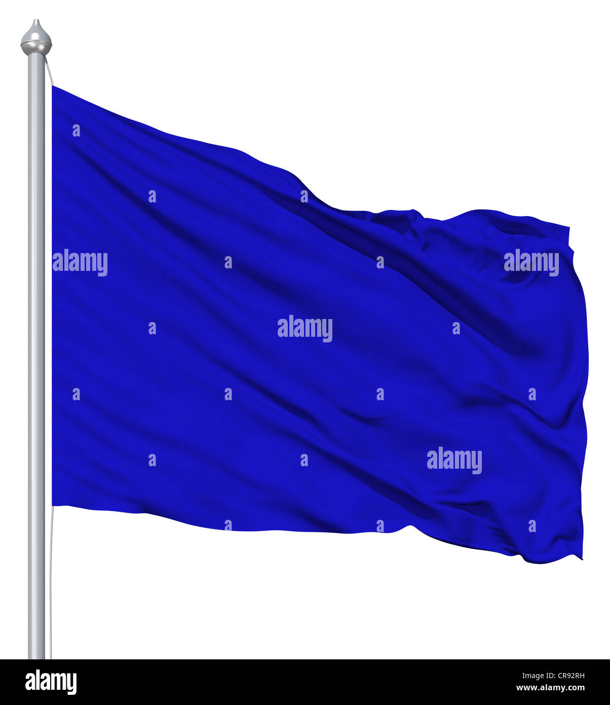 Blue blank flag with flagpole waving in the wind against white ...