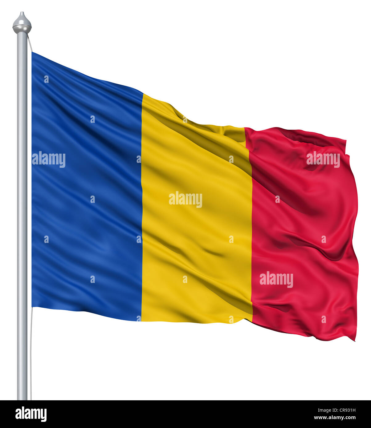 Flag of Chad with flagpole waving in the wind against white background ...