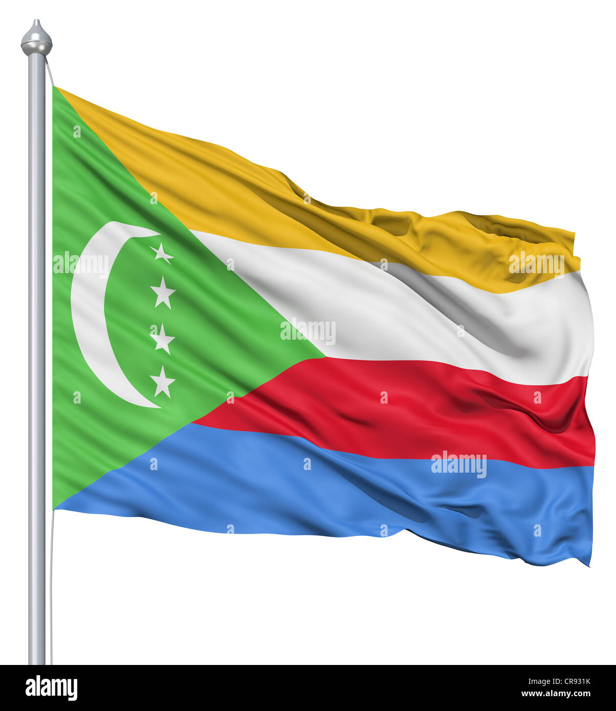 Flag of Comoros with flagpole waving in the wind against white ...