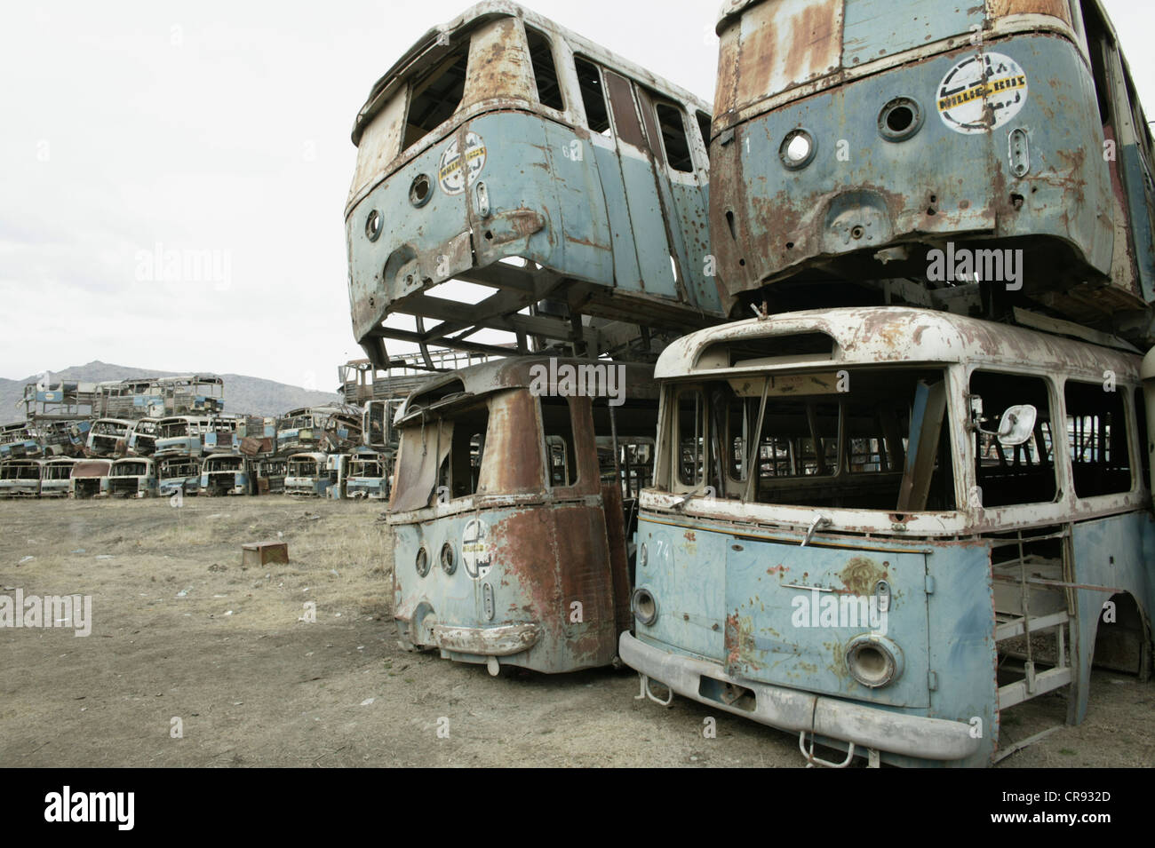 The effect of the conflict in Afghanistan. Stacked ruined buses and ...