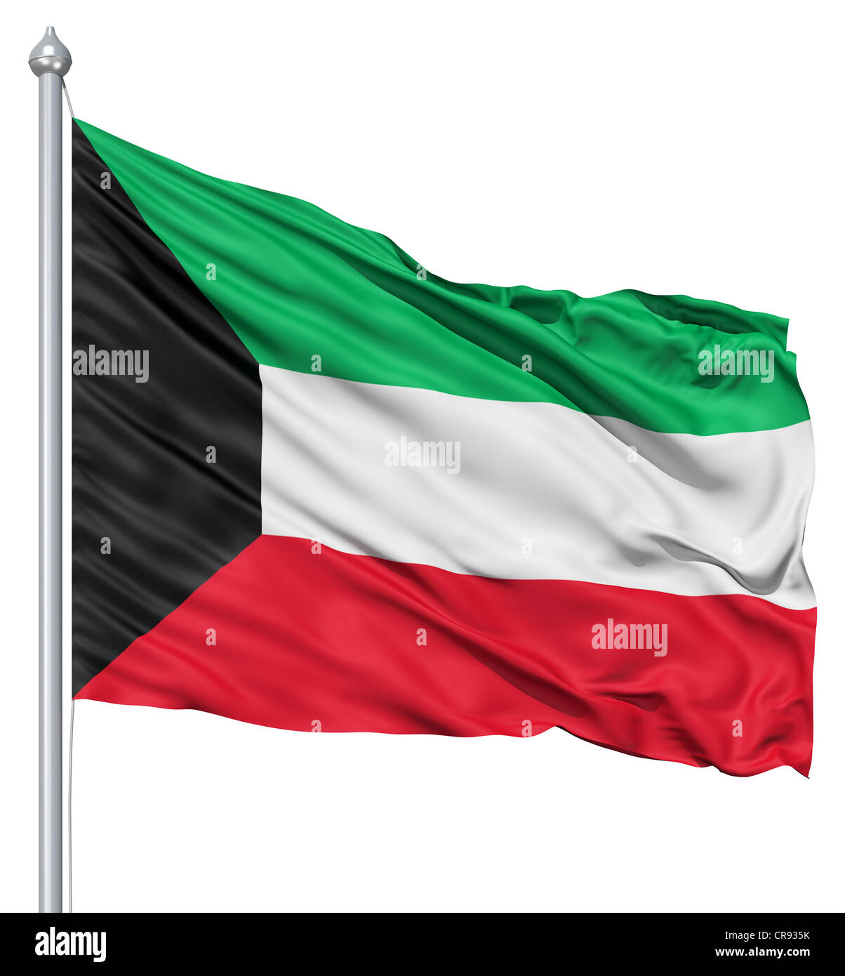 Flag of Kuwait with flagpole waving in the wind against white ...