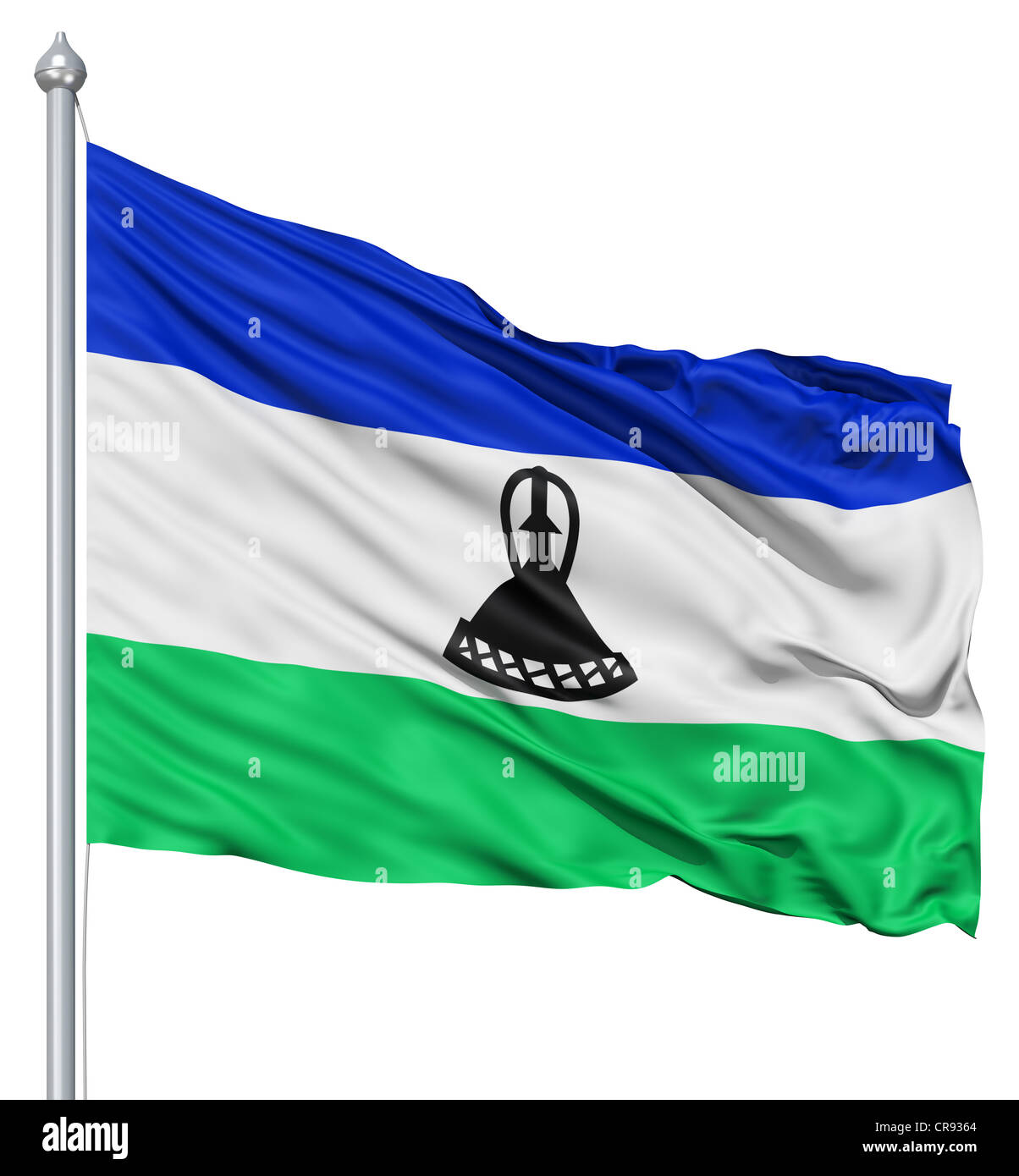 Flag of Lesotho with flagpole waving in the wind against white ...