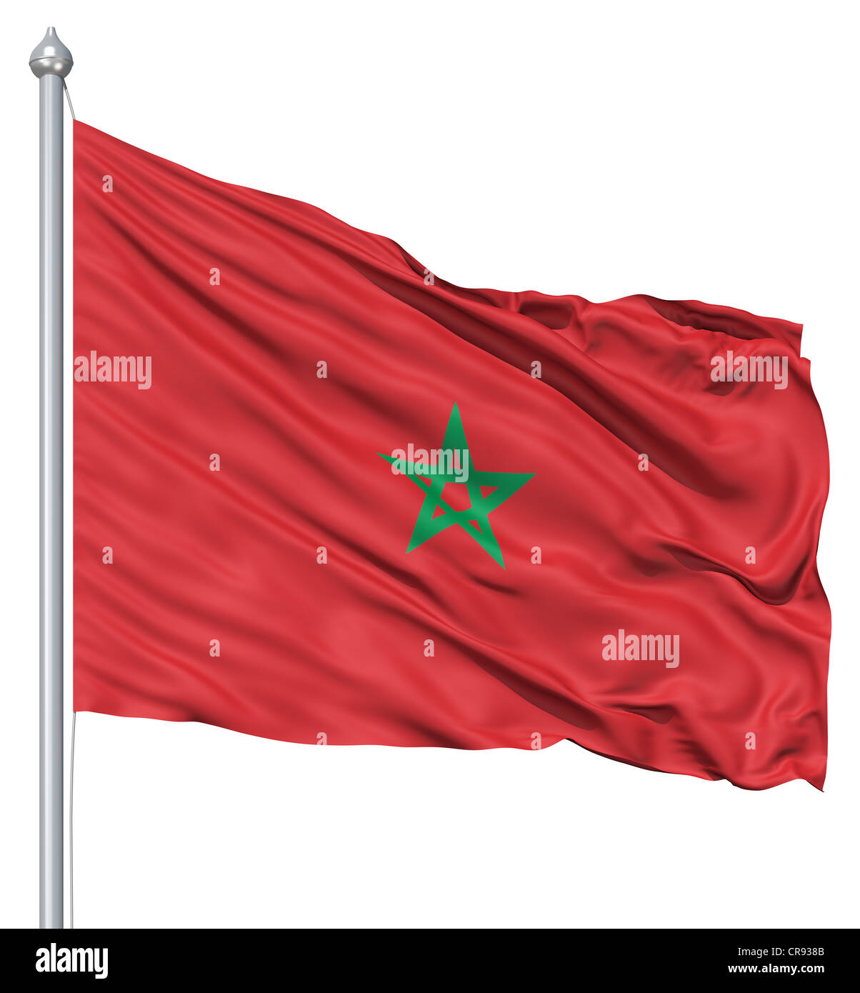 Flag of Morocco with flagpole waving in the wind against white ...