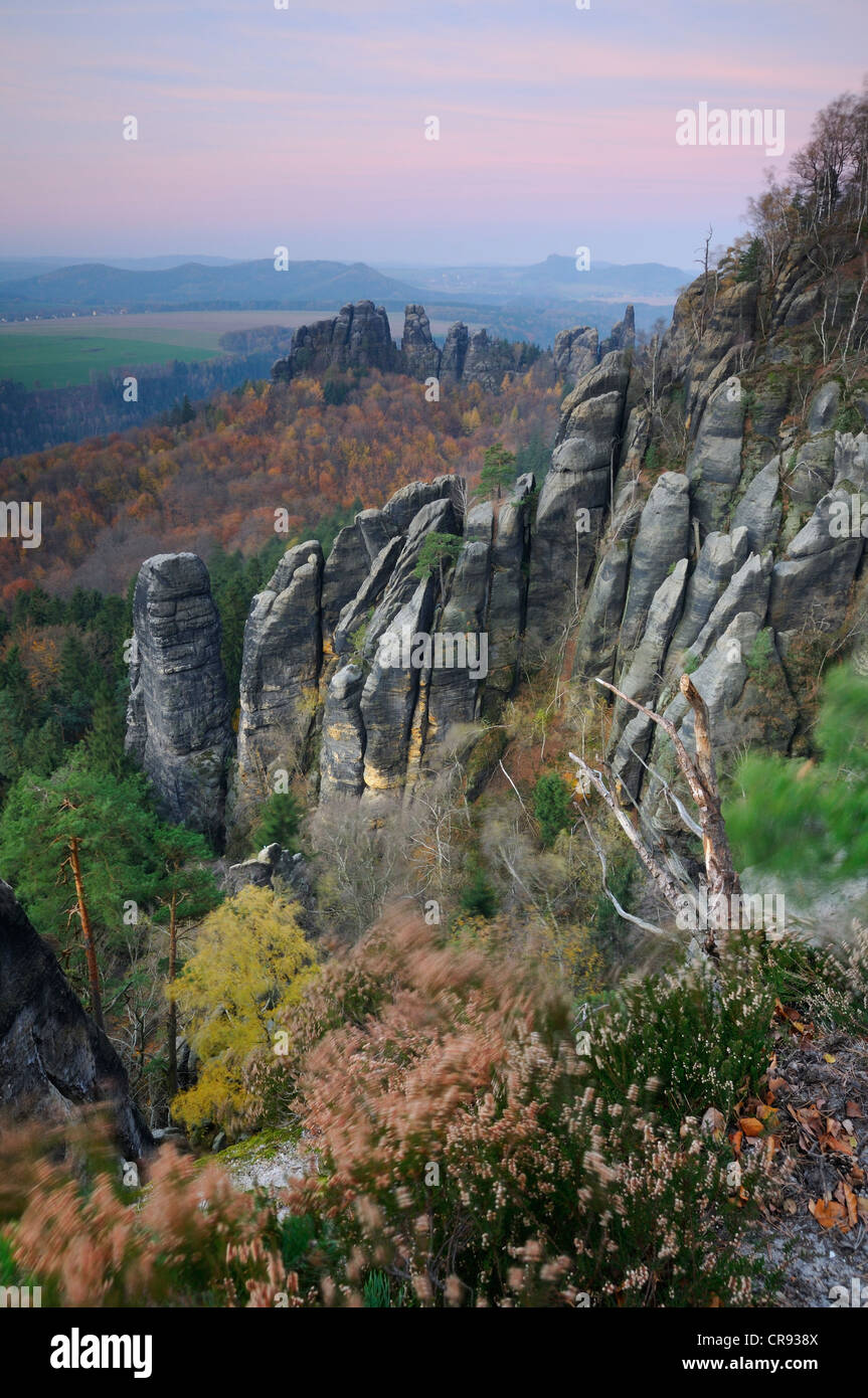Schrammsteine rock formation at dawn, Saxon Switzerland, Saxony ...