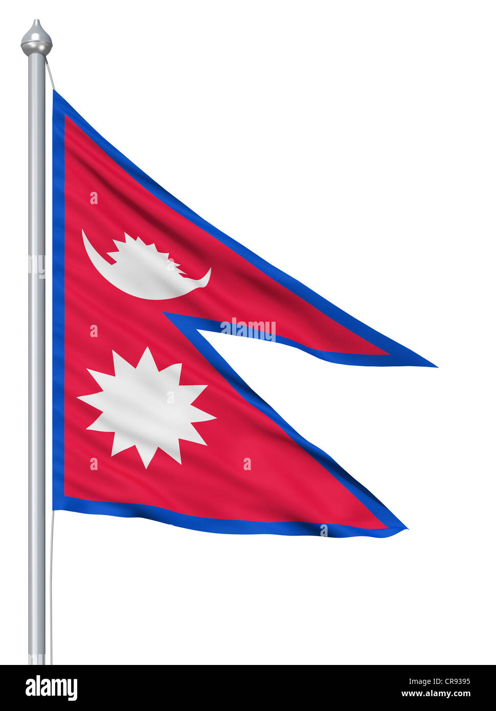 Flag of Nepal with flagpole waving in the wind against white background ...