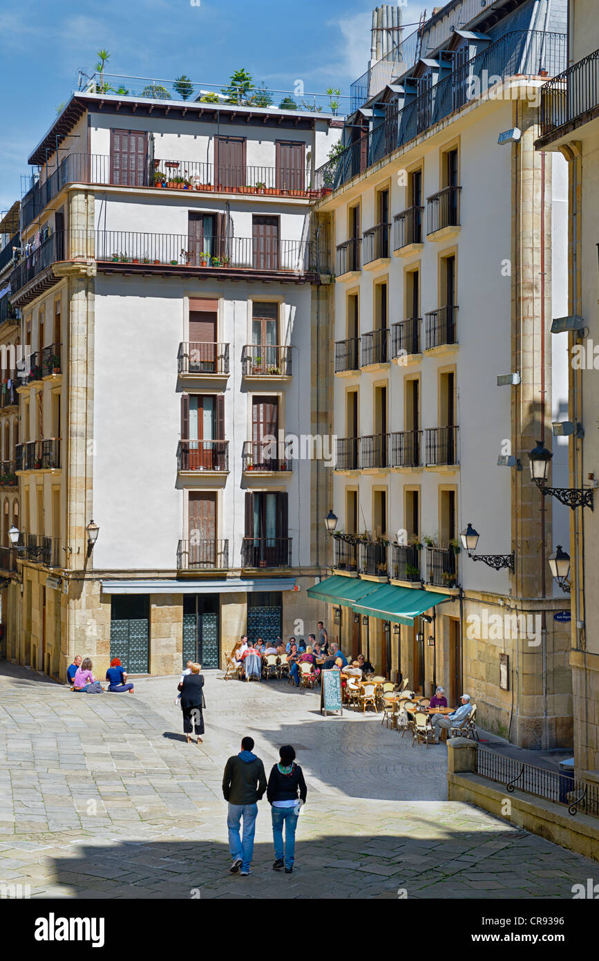 Street café & apartment building; San Sebastian-Donstia, Spain Stock ...