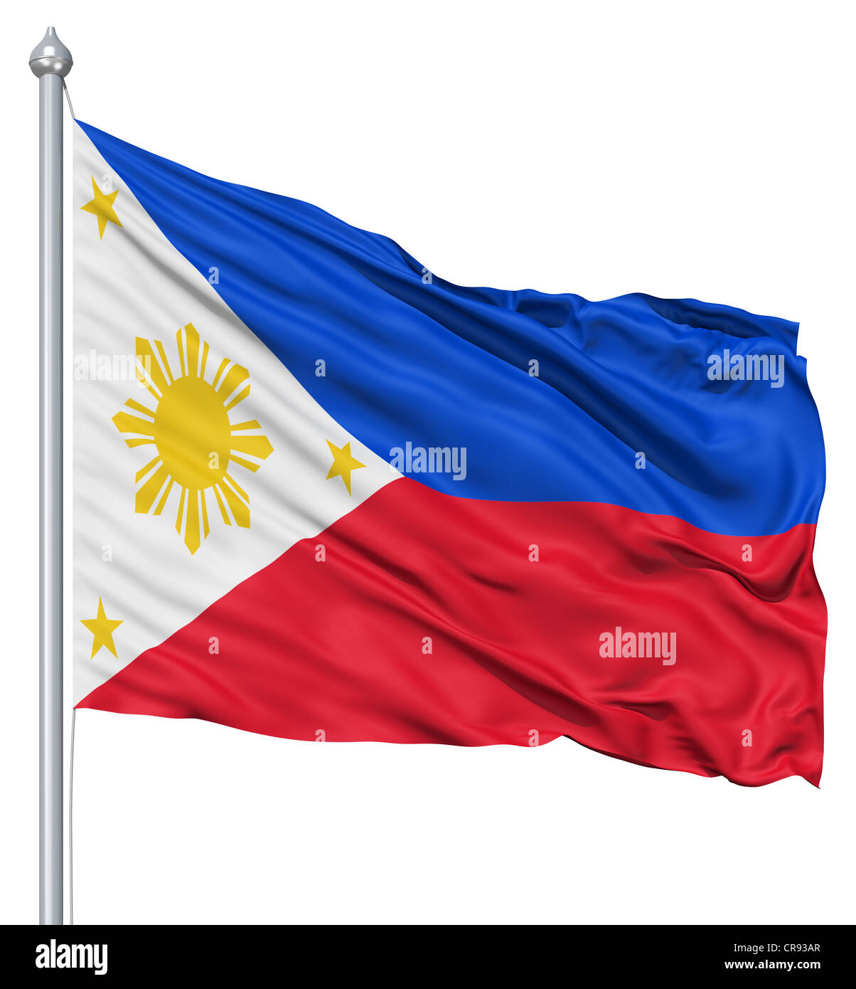 Flag of Philippines with flagpole waving in the wind against white ...