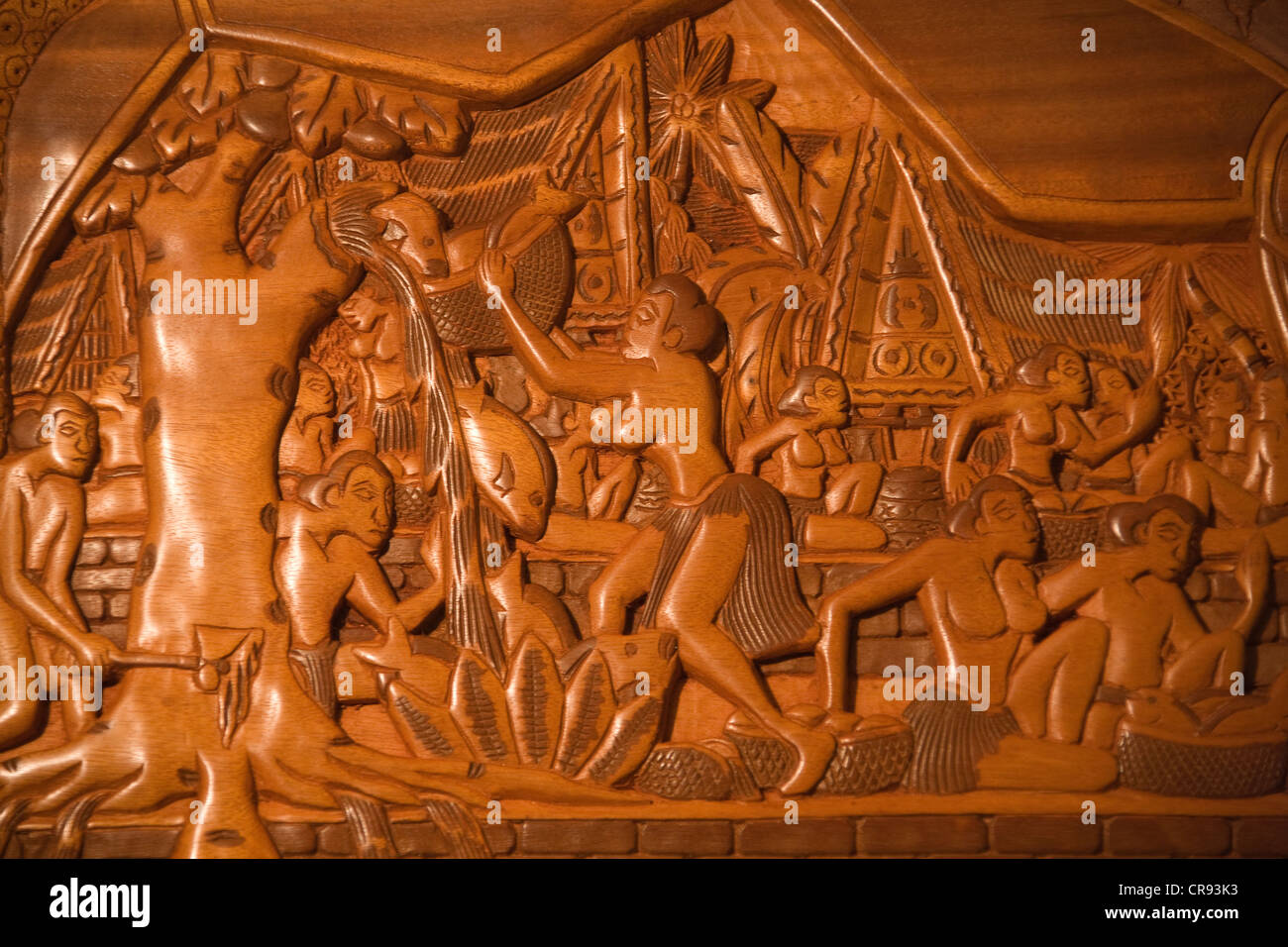 Wood carving depicting ancient people's lifestyle, Melekeok, Palau ...