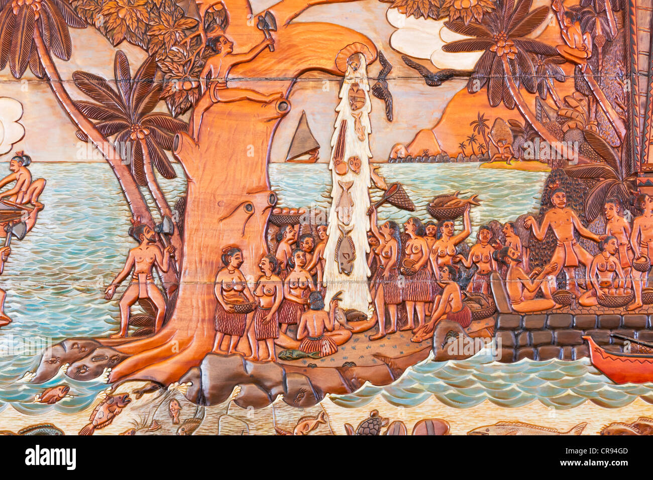 Wood carving depicting ancient people's lifestyle, Palau Stock Photo ...