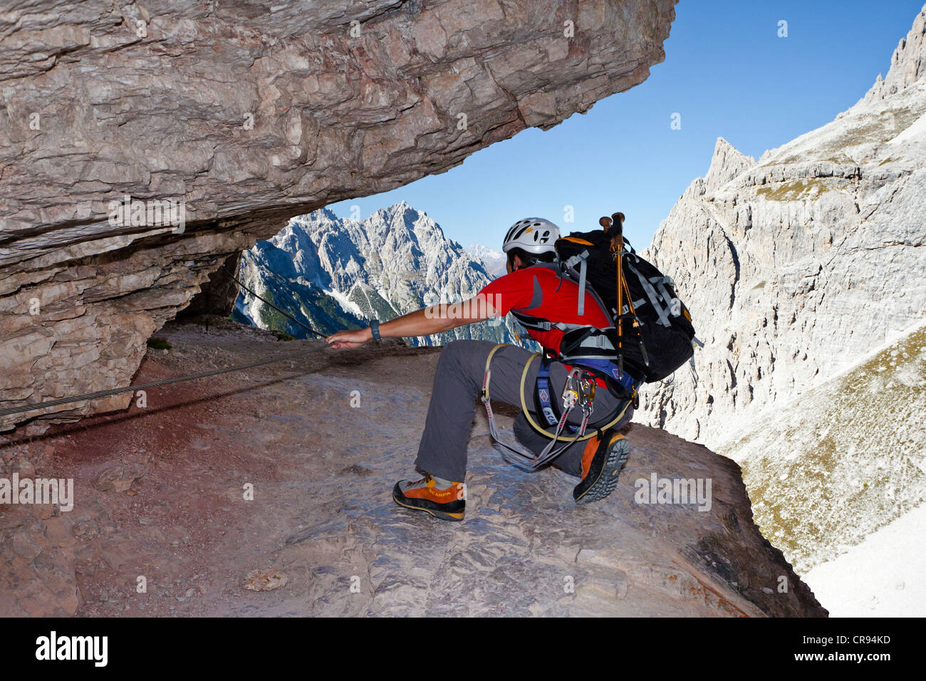 Climber at the Strada degli Alpini via ferrata, Sesto, Sexten, Alta ...