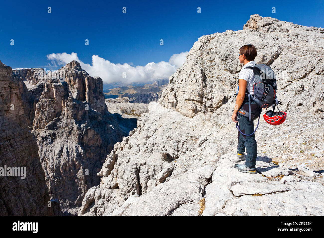 Mountaineers on the fixed rope route on Boeseekofel mountain, Dolomites ...