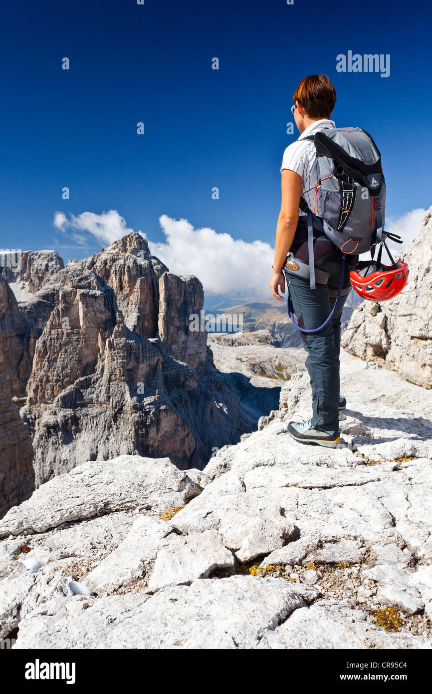 Climber on the fixed rope route on Boeseekofel mountain, Dolomites ...