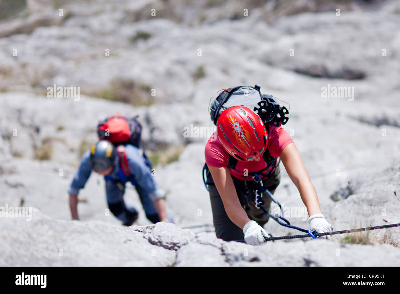 Climbers on the Che Guevara fixed rope route, Casale mountain in the ...