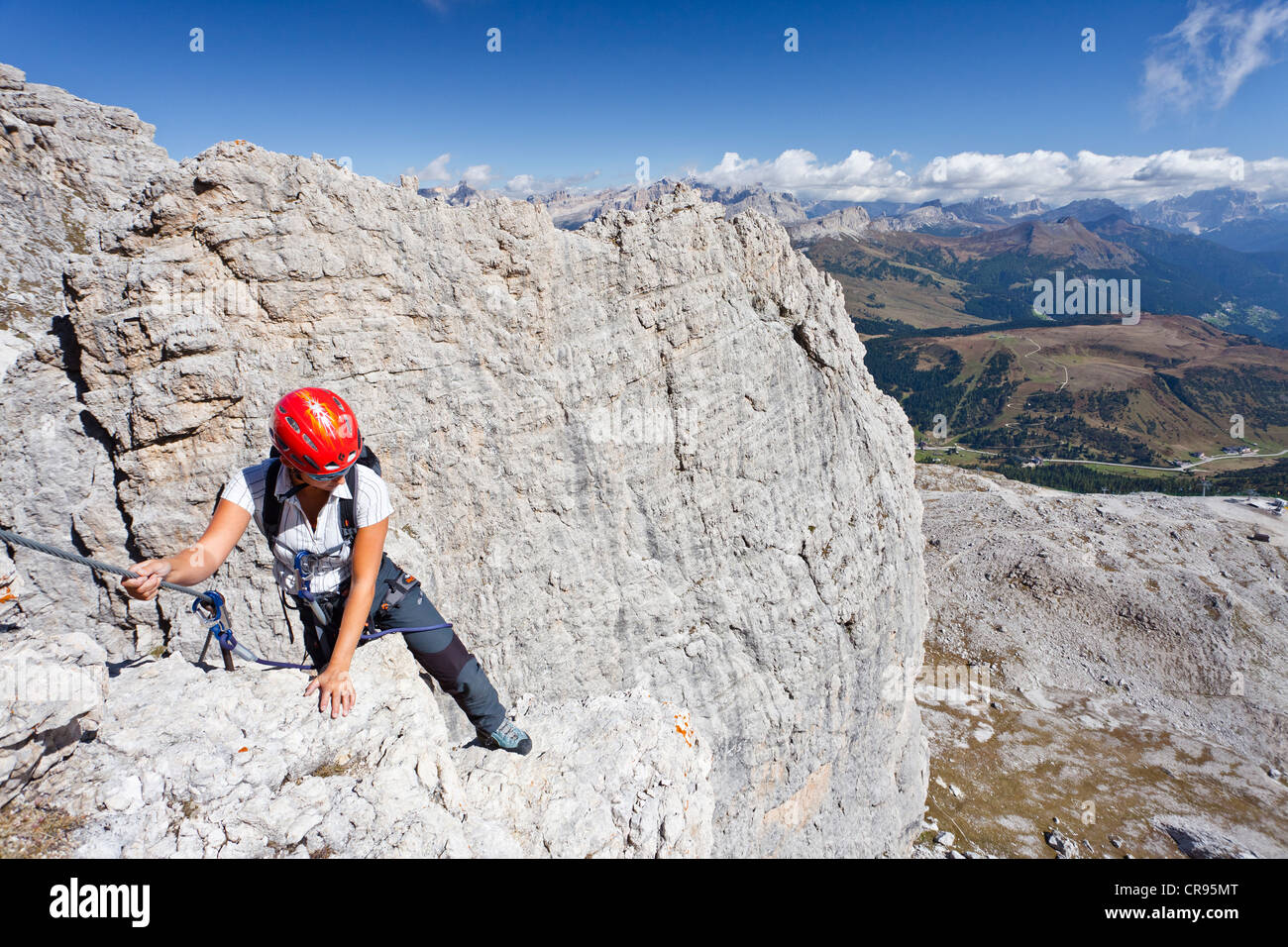 Mountaineer on fixed rope route Mt Boeseekofel or Piz da Lech, Fanes ...