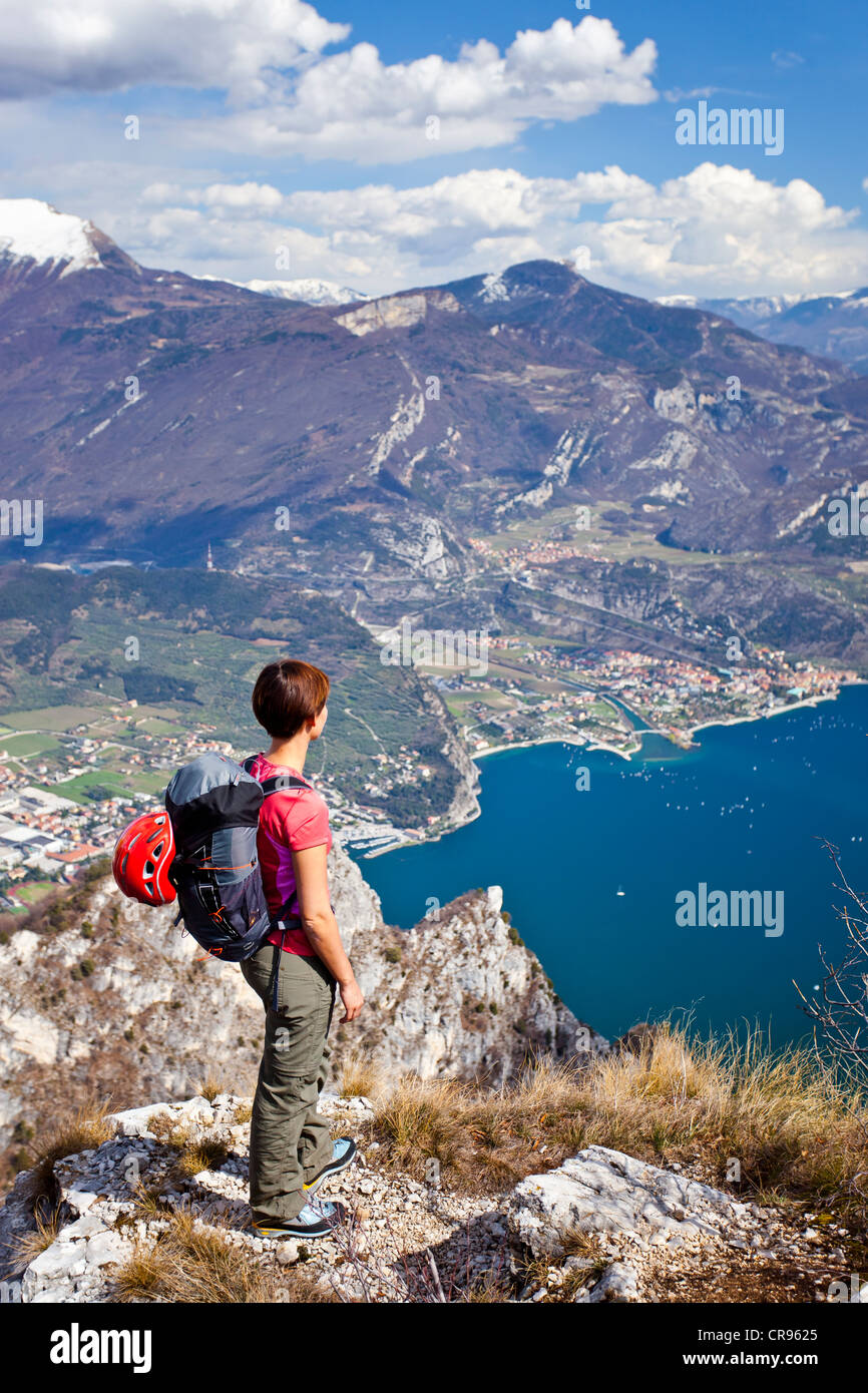 Cima Rocca fixed rope route, view of Lake Garda, Riva and Nago-Torbole ...