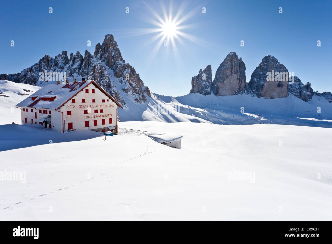 Three Peaks Mountain Hut in front of the Three Peaks, Alta Pusteria ...